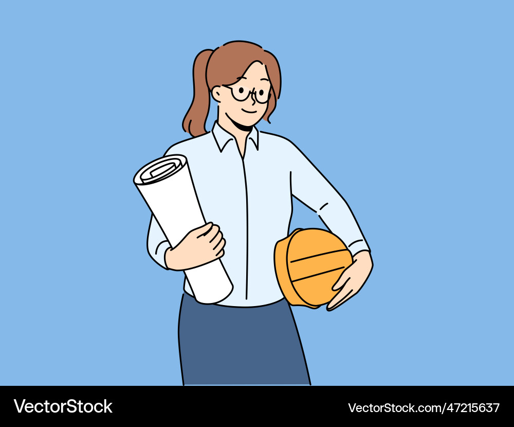 Smiling female architect with blueprints Vector Image