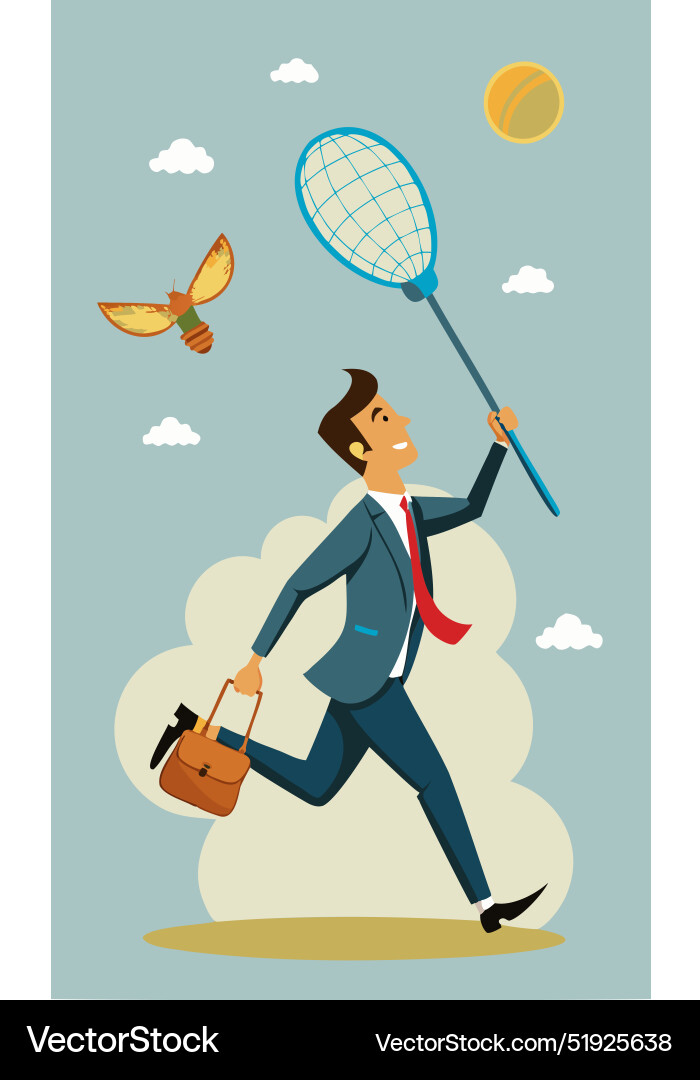 Businessman chasing ideas with butterfly net Vector Image