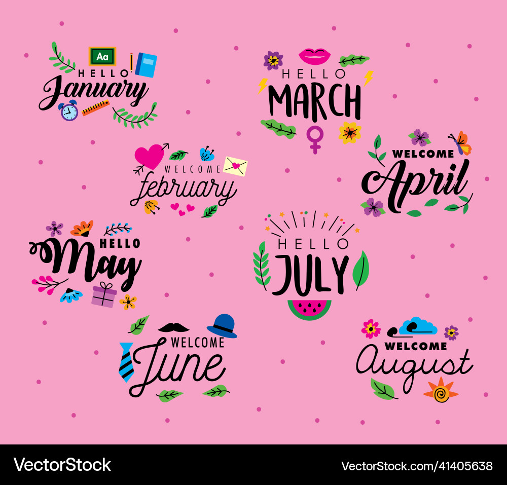 Hello month eight letterings Royalty Free Vector Image