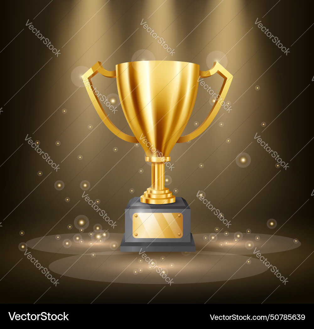 Realistic golden trophy and illuminated spotlights