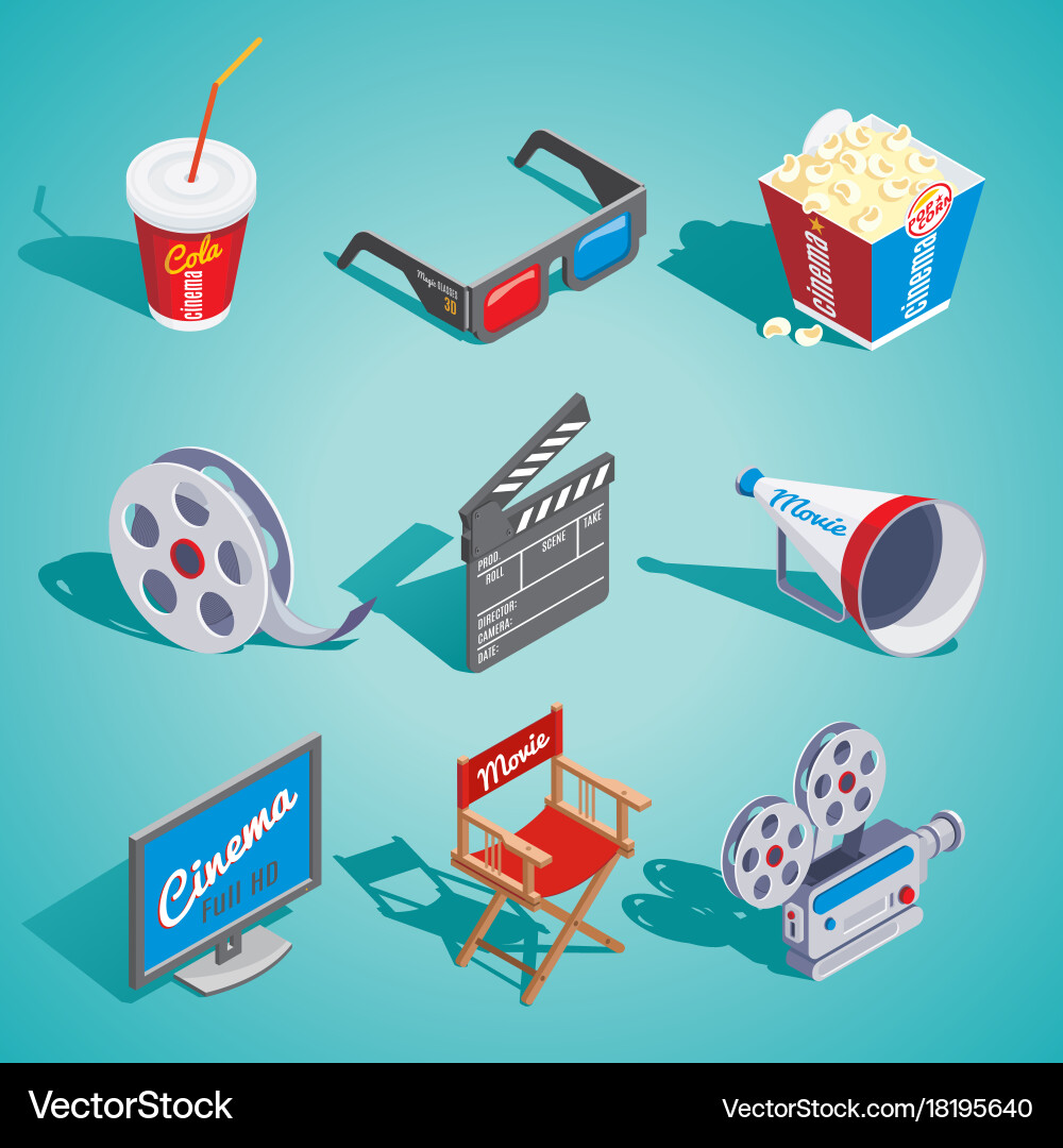 Isometric cinema elements set Royalty Free Vector Image