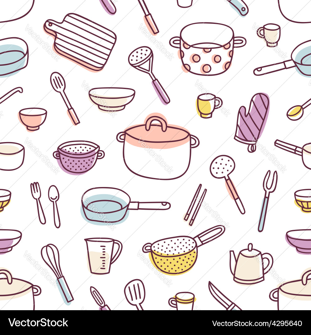 Kitchenware and cooking utensils seamless pattern Vector Image