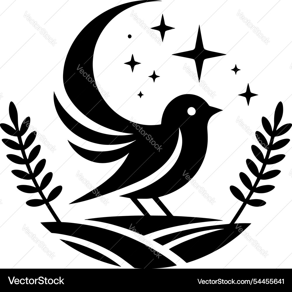 Bird moon stars plants Royalty Free Vector Image