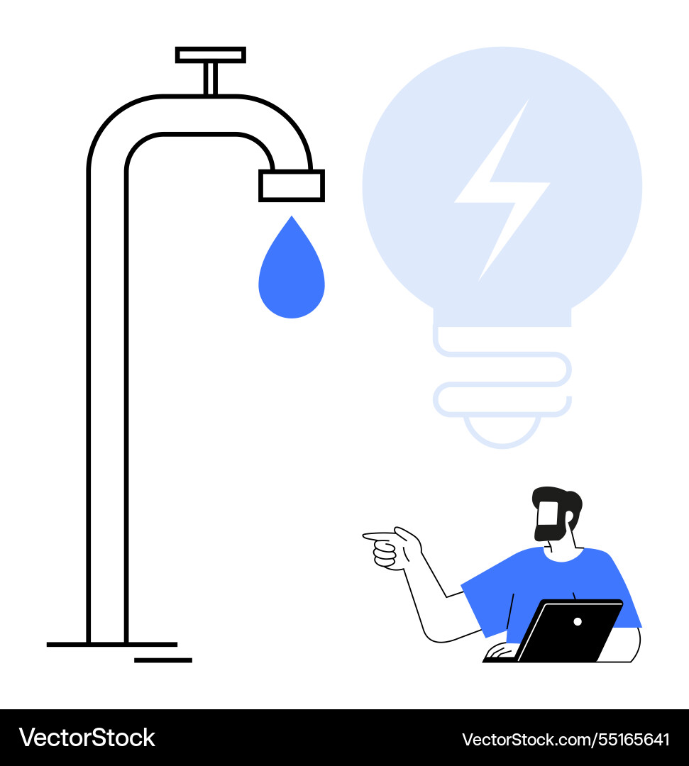 Large faucet dripping water with a man working Vector Image