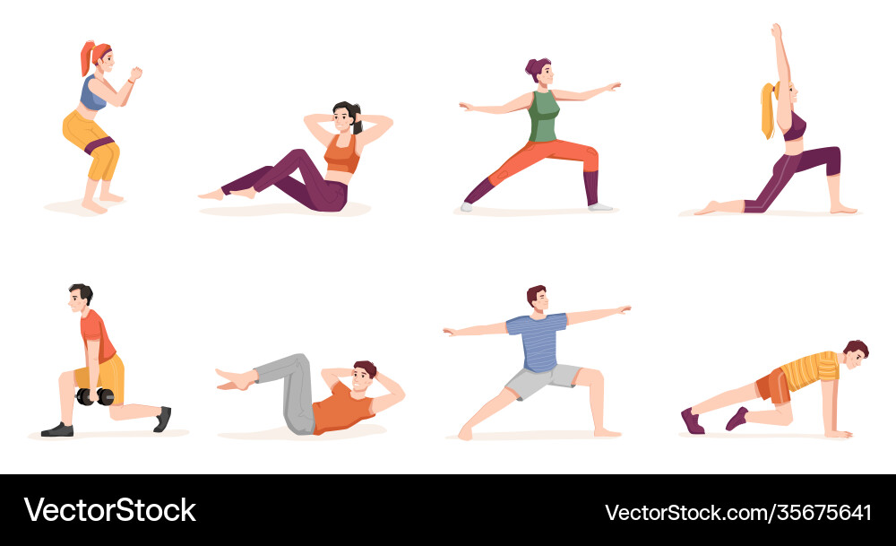 People working out physical exercises characters Vector Image