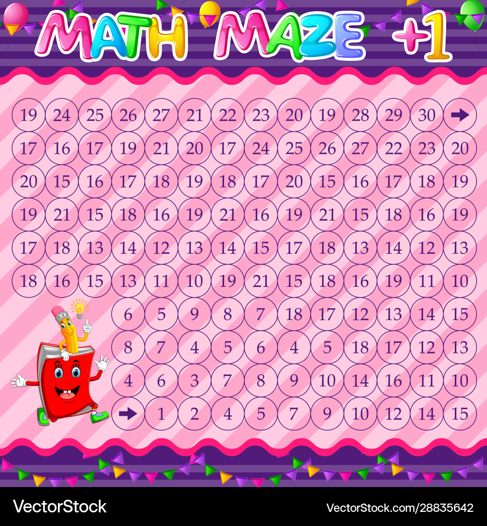 Math maze addition worksheet with book and pencil Vector Image