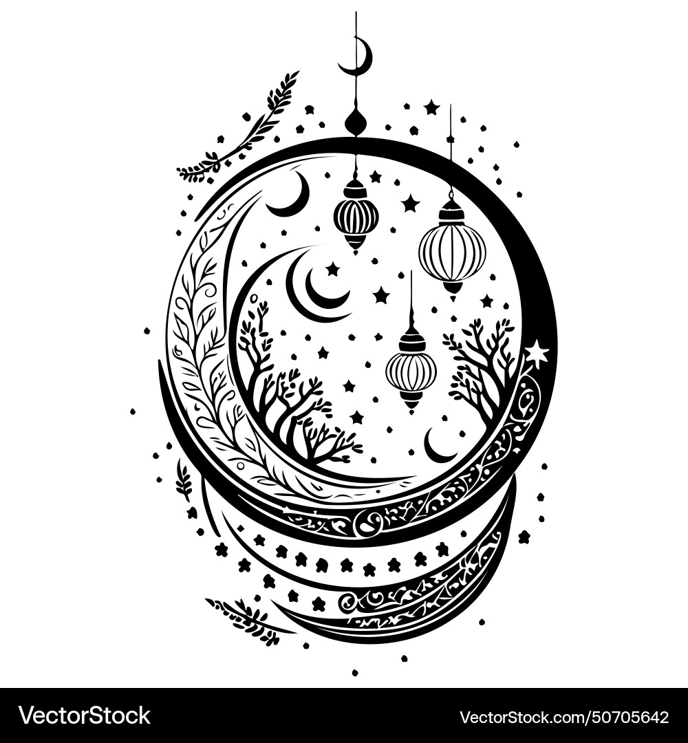 Ramadan crescent lantern moon sketch hand draw Vector Image