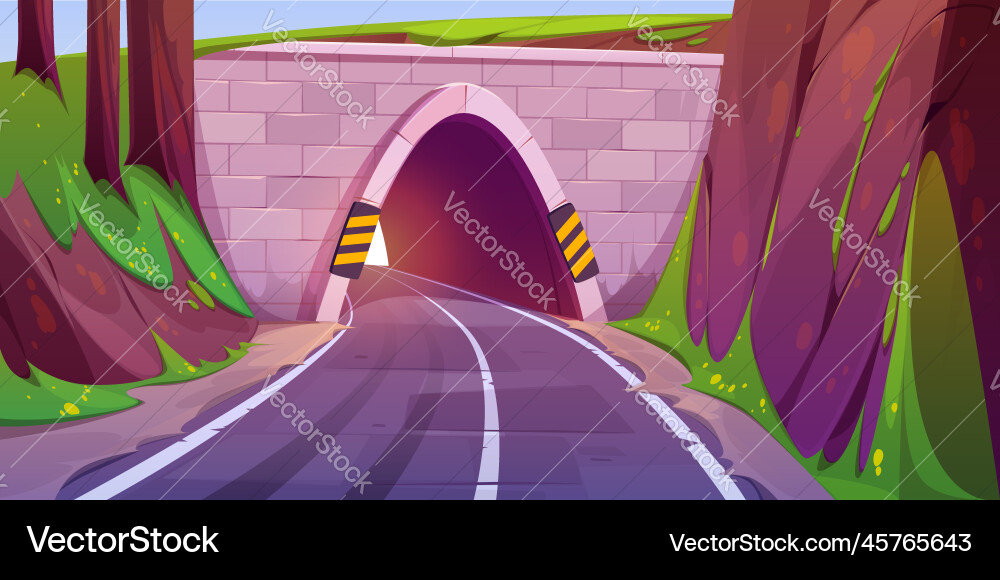 Cartoon road going through tunnel in mountain Vector Image