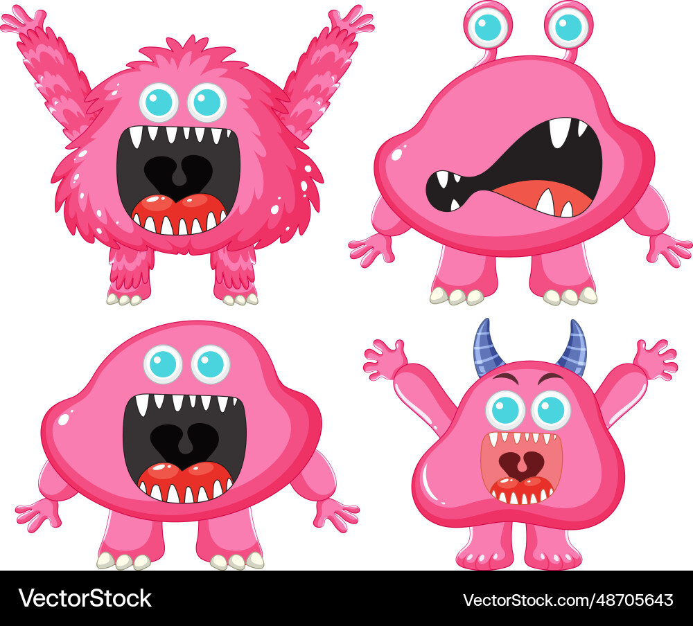 Cute pink alien monsters cartoon characters Vector Image