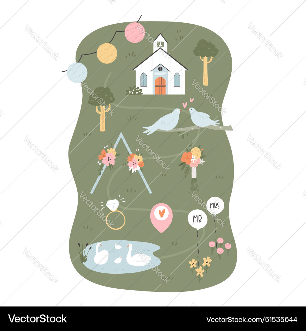 Map for wedding day with holiday symbols Vector Image