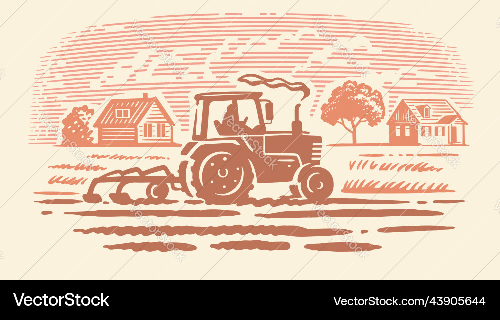 Tractor plowing field hand drawn sketch Royalty Free Vector
