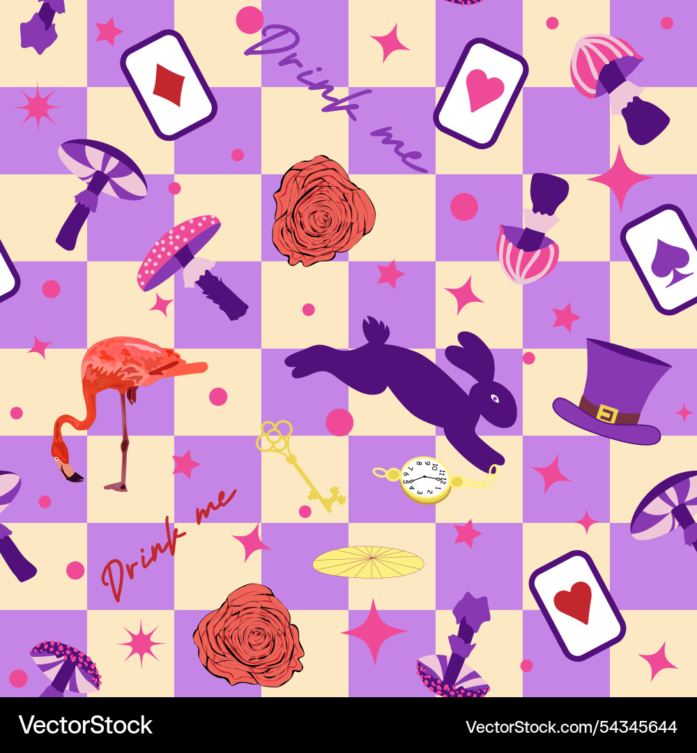 Wonderland pattern elements roses rabbit cheshire Vector Image