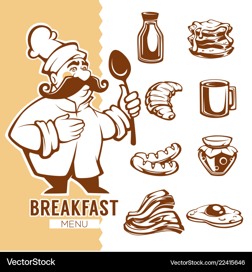 Cartoon chef and breakfast food menu linear Vector Image