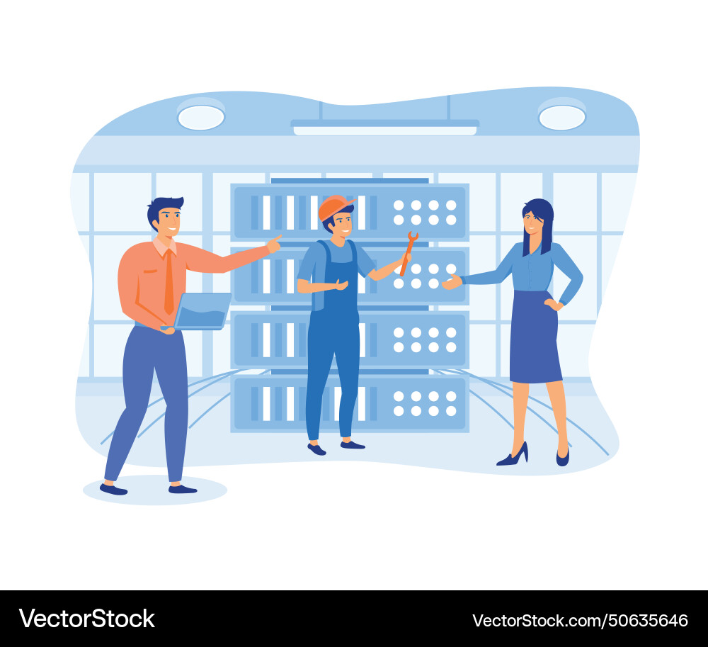 Team doing maintenance and repairs on a server Vector Image