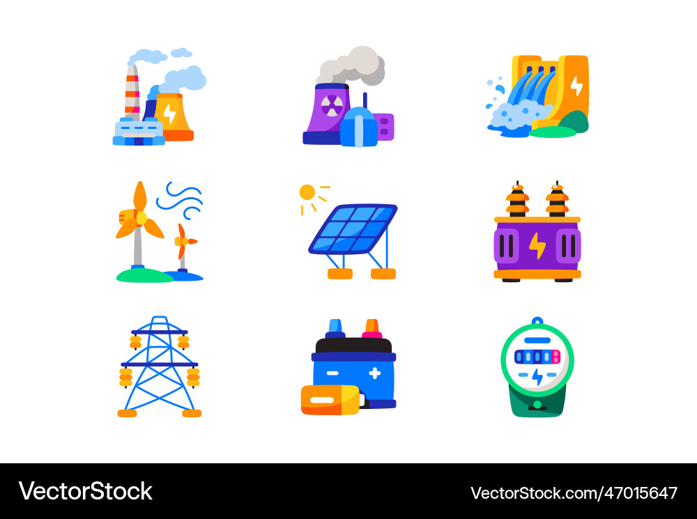 Icons für Stromerzeugung und -verteilung Vektorbild