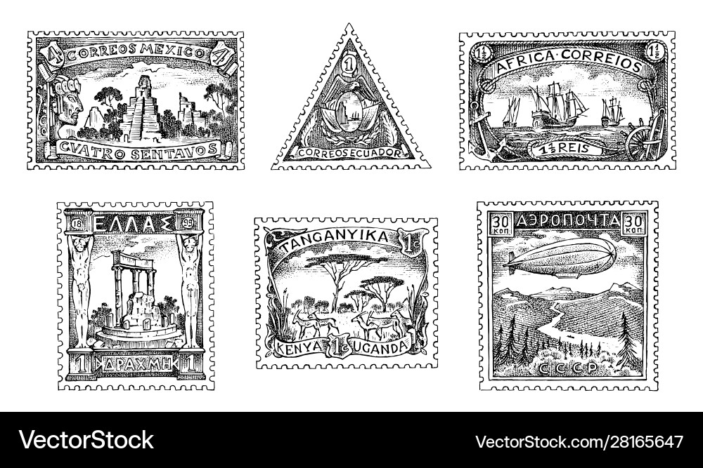 Vintage postage stamps set ancient landscapes Vector Image
