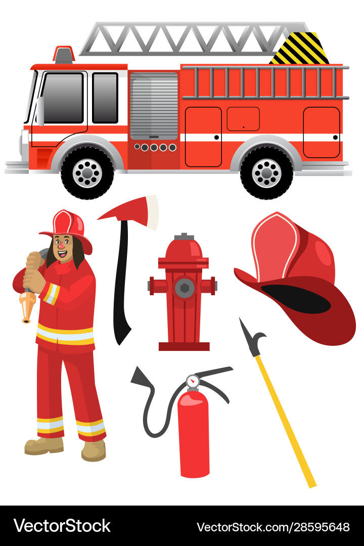 Cartoon fire fighter set with objects Royalty Free Vector
