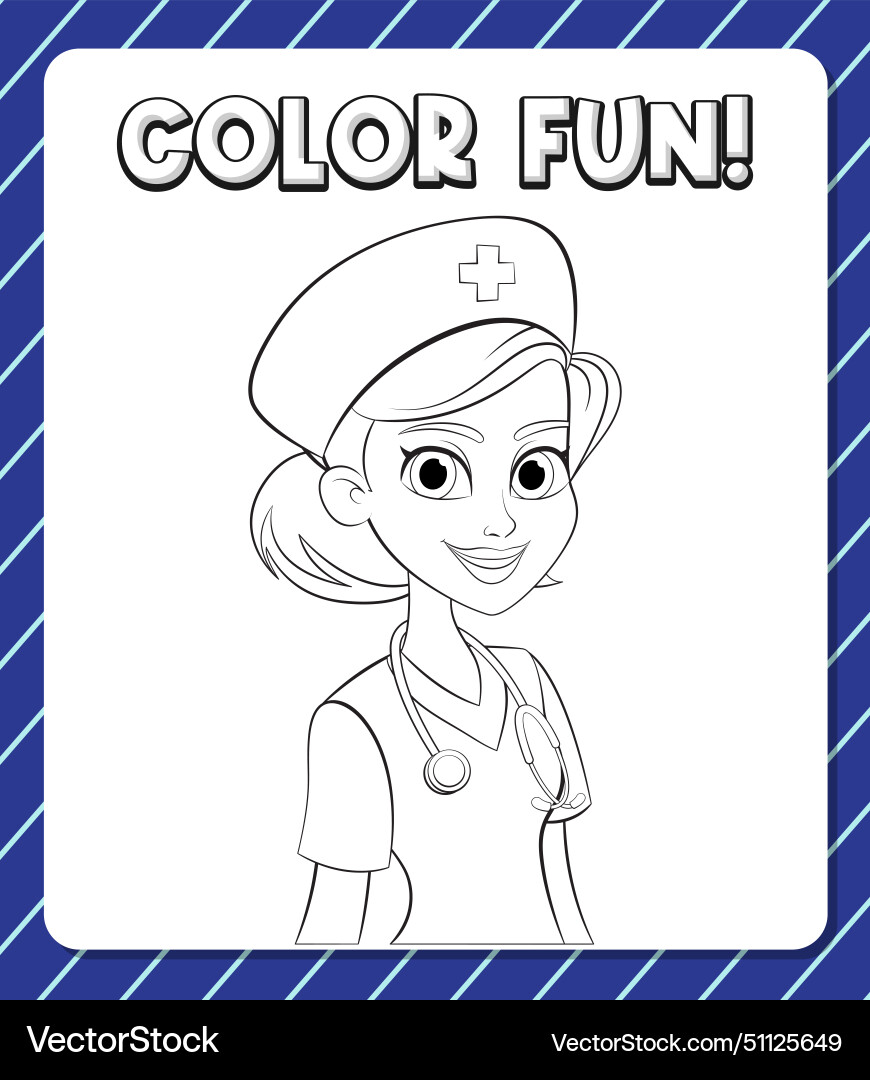 Coloring page featuring a cheerful nurse character