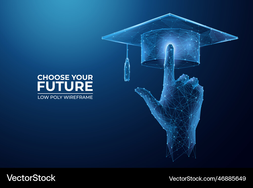 Hand pointing at graduation cap on technology blue