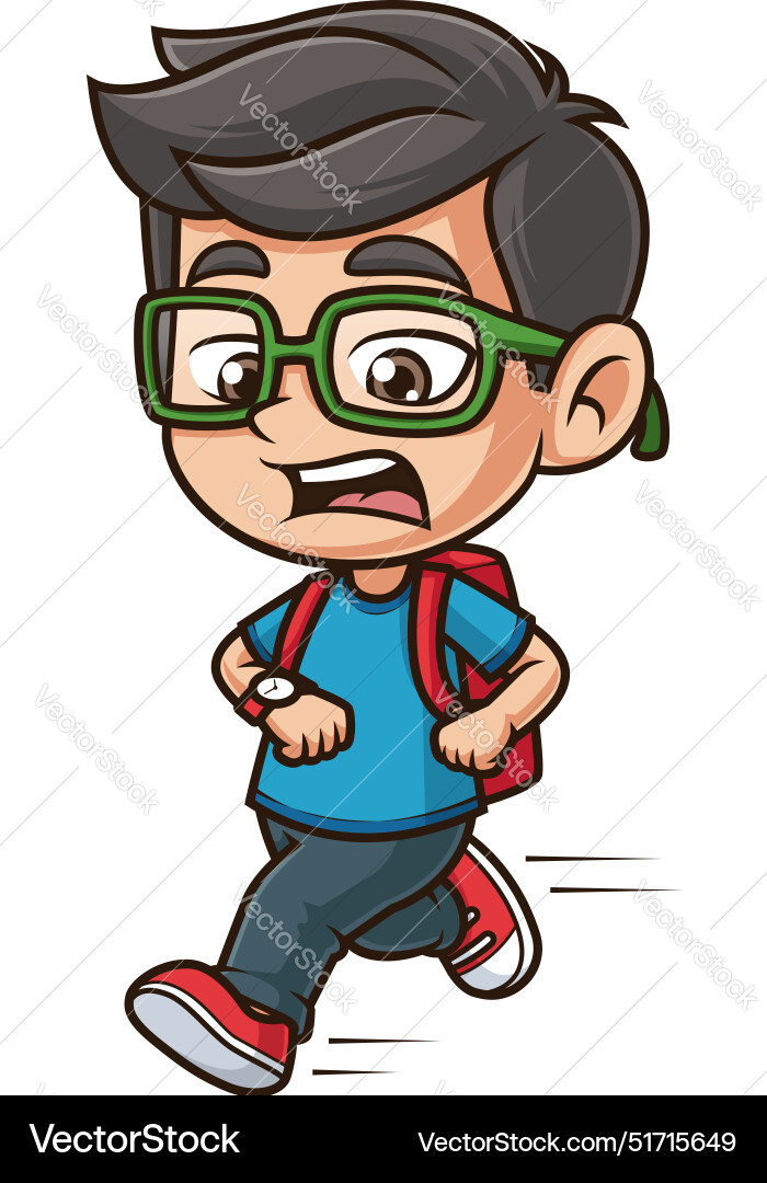 Nerdy kid running late cartoon Royalty Free Vector Image