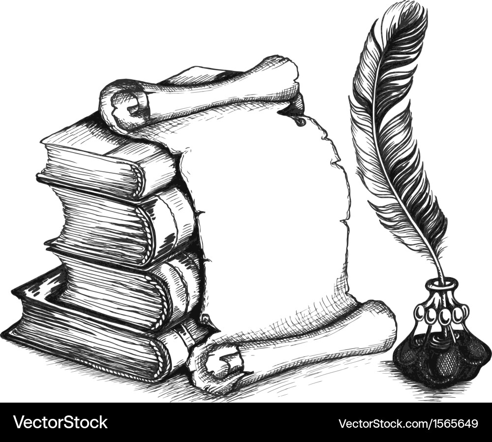 Paper scroll feather and books Royalty Free Vector Image
