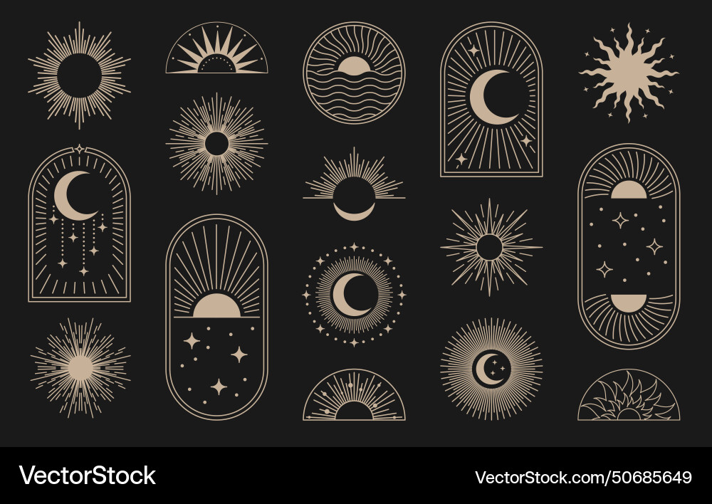 Sun icons set boho sunset logo with bohemian line Vector Image