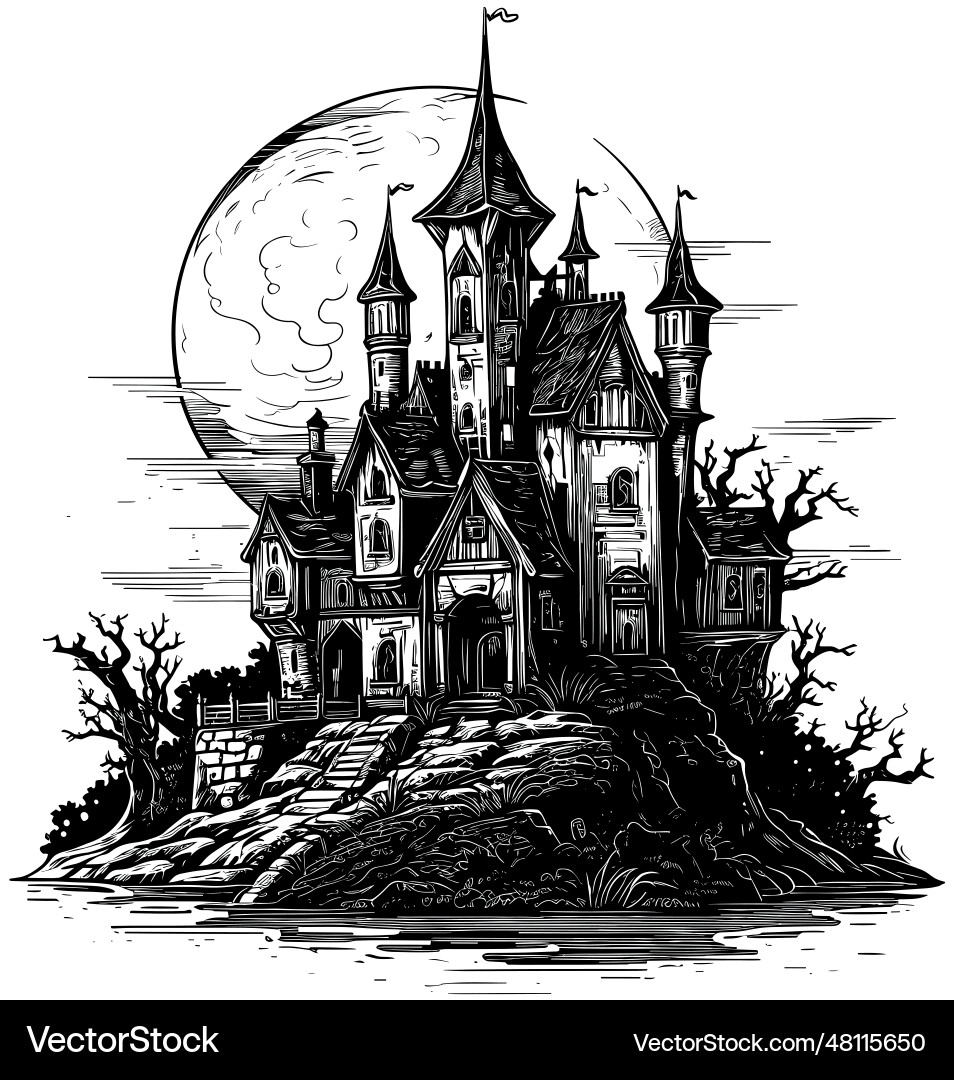 Dark castle black and white Royalty Free Vector Image