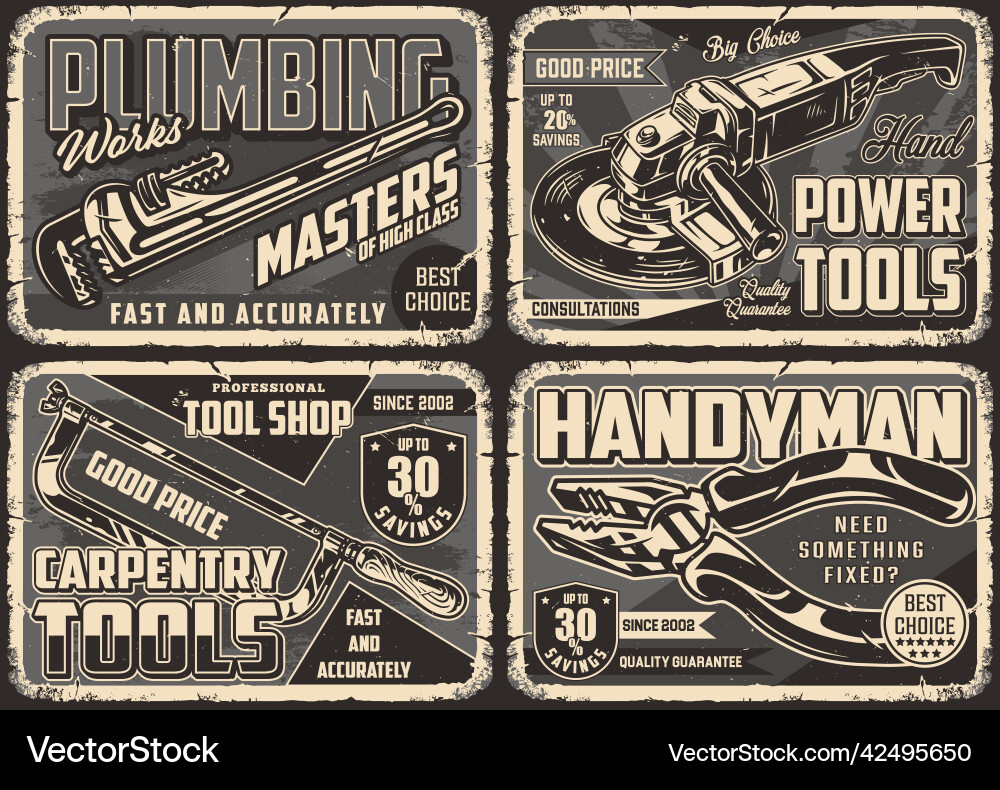 Repair tools monochrome posters set Royalty Free Vector