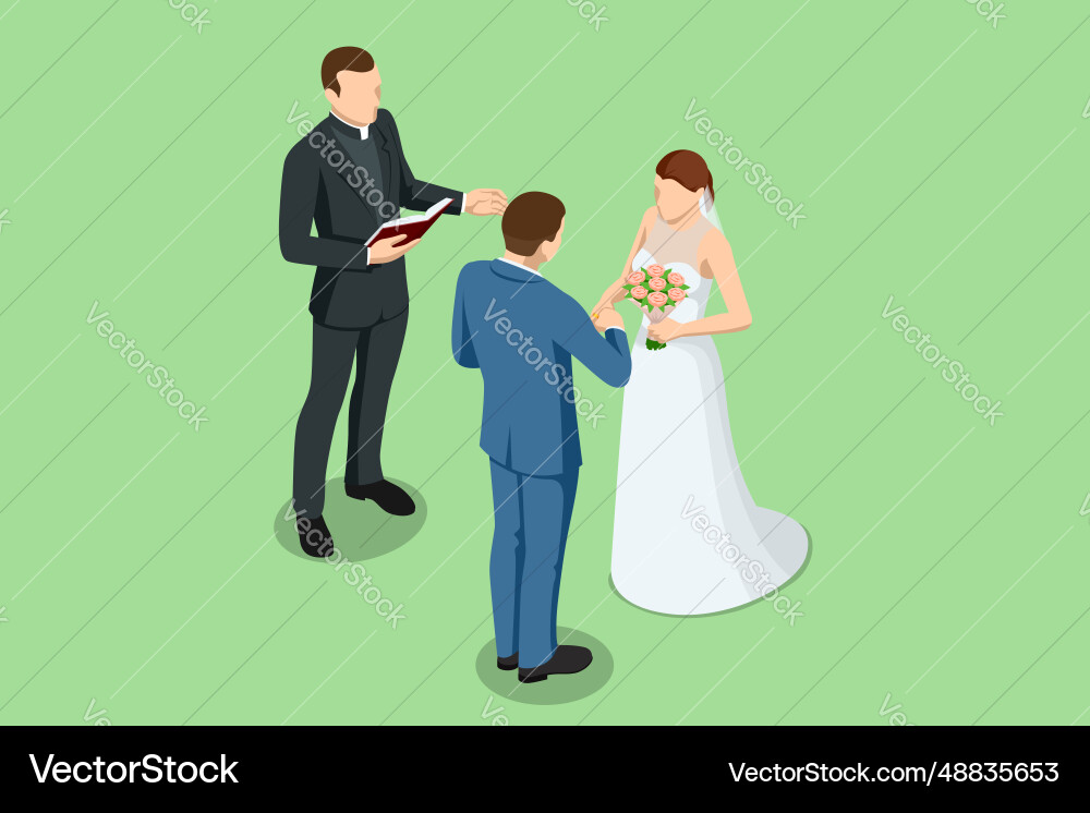 Isometric wedding couple and the priest Royalty Free Vector