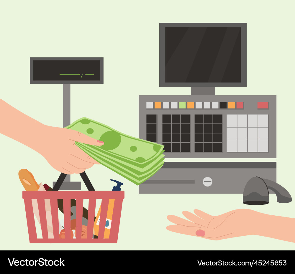 Supermarket payment hands composition Royalty Free Vector