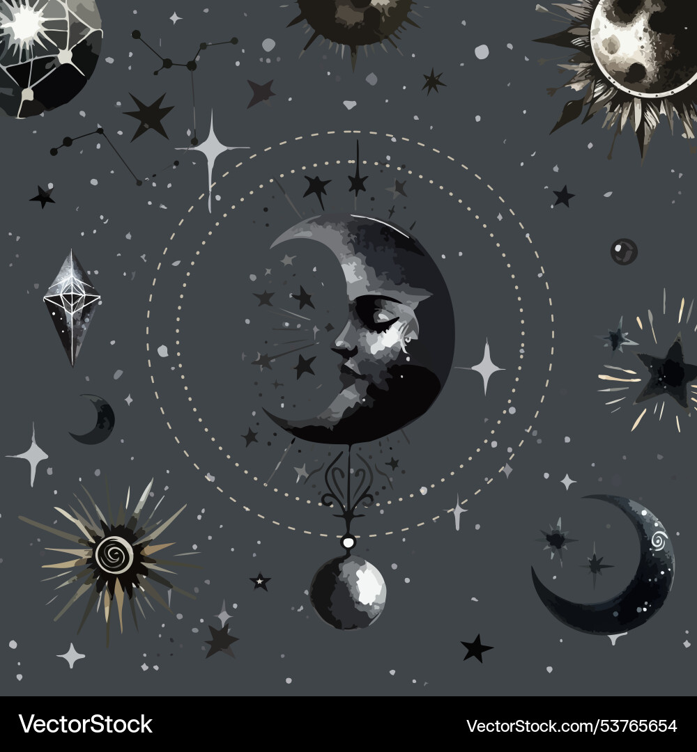 Magic watercolor background with sun moon stars Vector Image