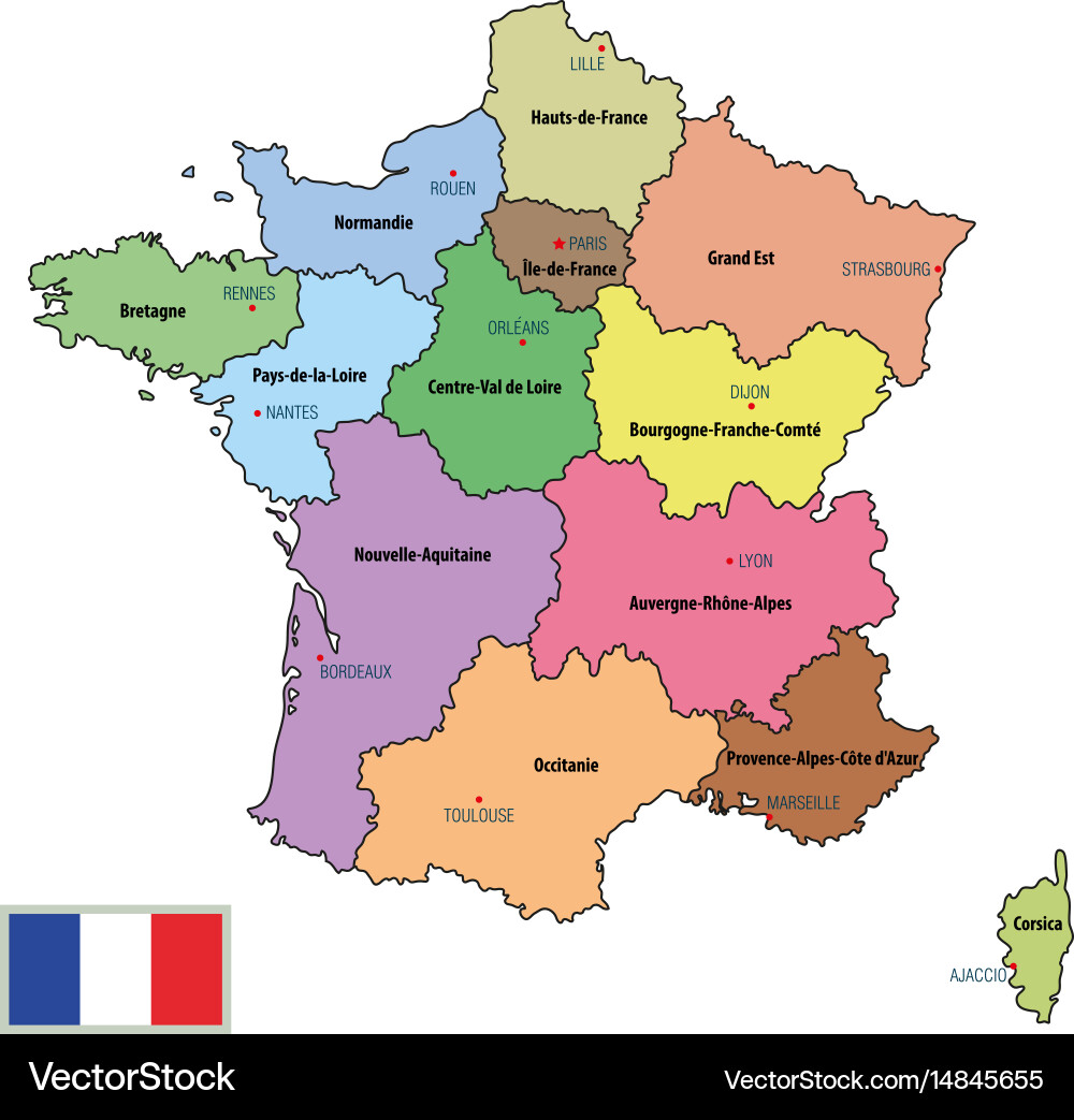 France map with regions and their capitals Vector Image