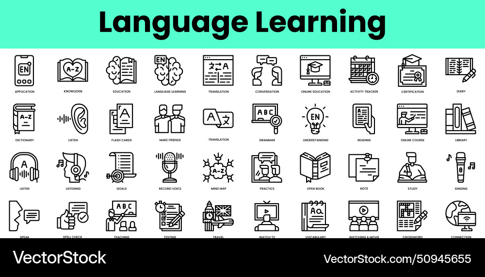 Set of language learning icons linear style icon Vector Image Set of language learning icons linear style icon Vector Image