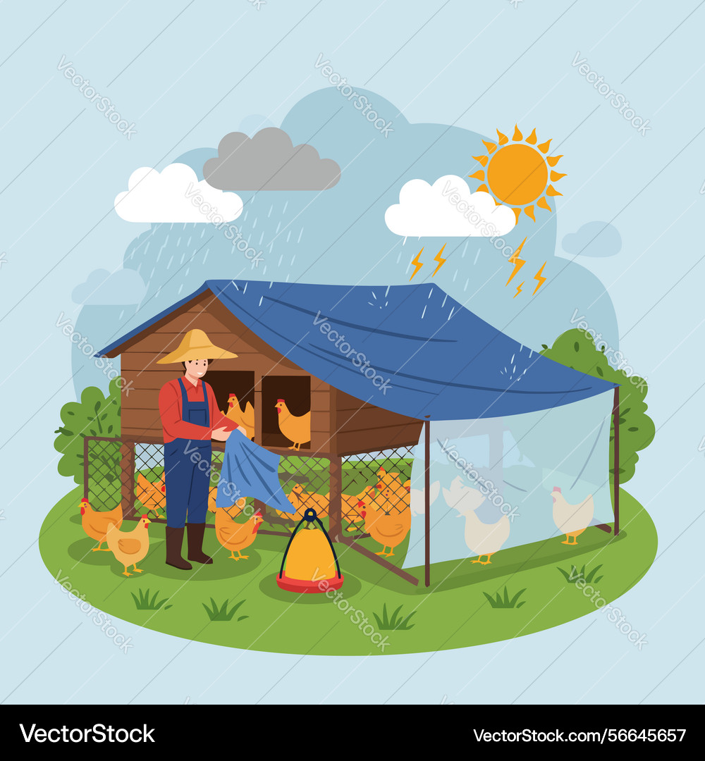 Farmer covering chicken coop during rainfall Vector Image