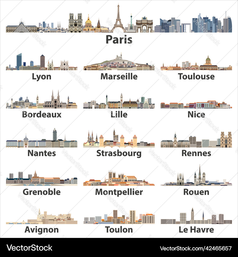 French cities skylines isolated colorful Vector Image