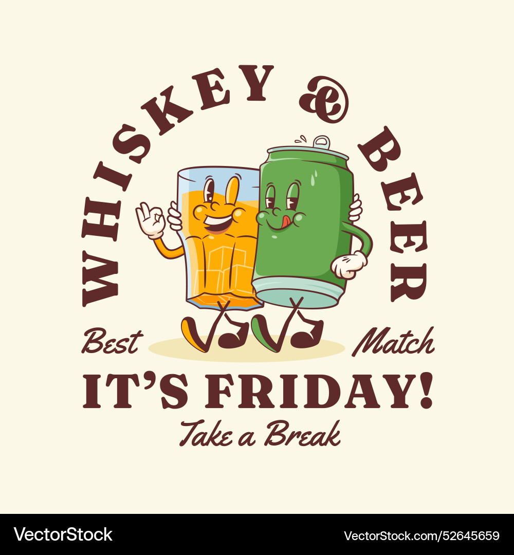 Groovy beer and whiskey retro characters Vector Image