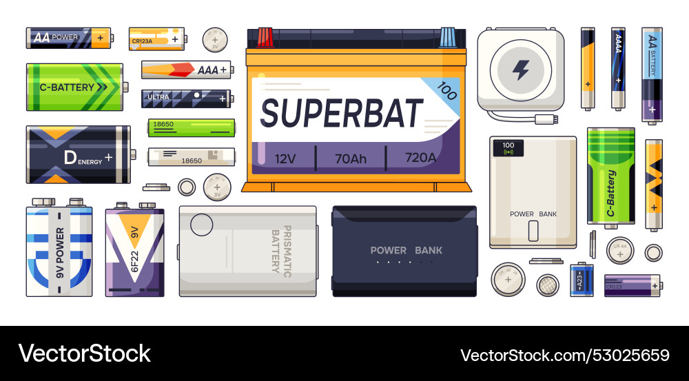 Lithium batteries top view set different Vector Image
