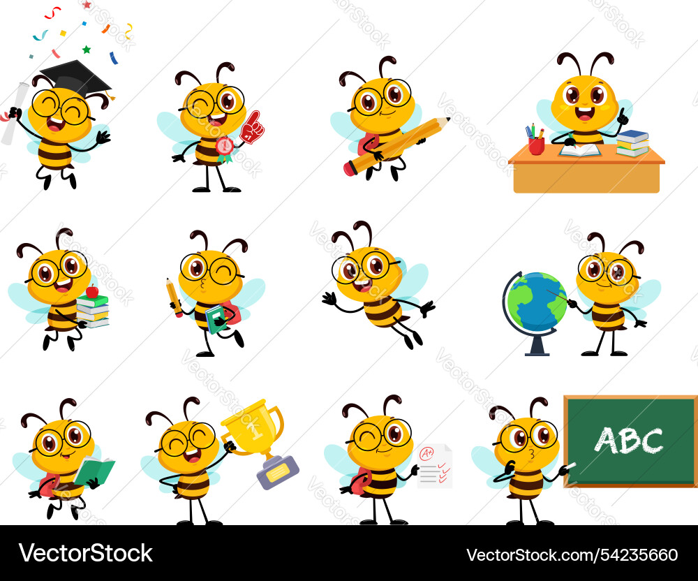 Cute school bee cartoon character collection set Vector Image