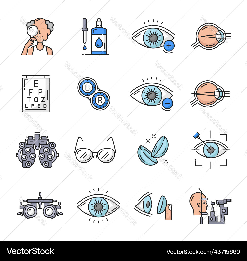 Optometry icons eye laser surgery ophthalmology Vector Image