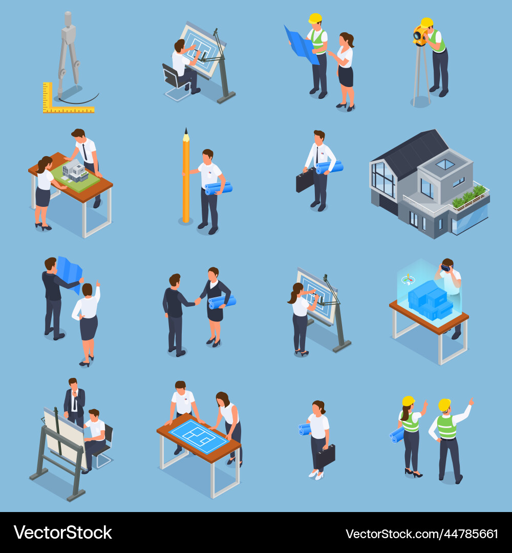 Architect construction isometric set Royalty Free Vector
