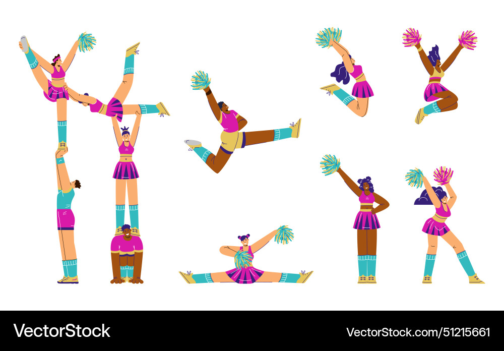 Cheerleader team stunts and poses set Royalty Free Vector