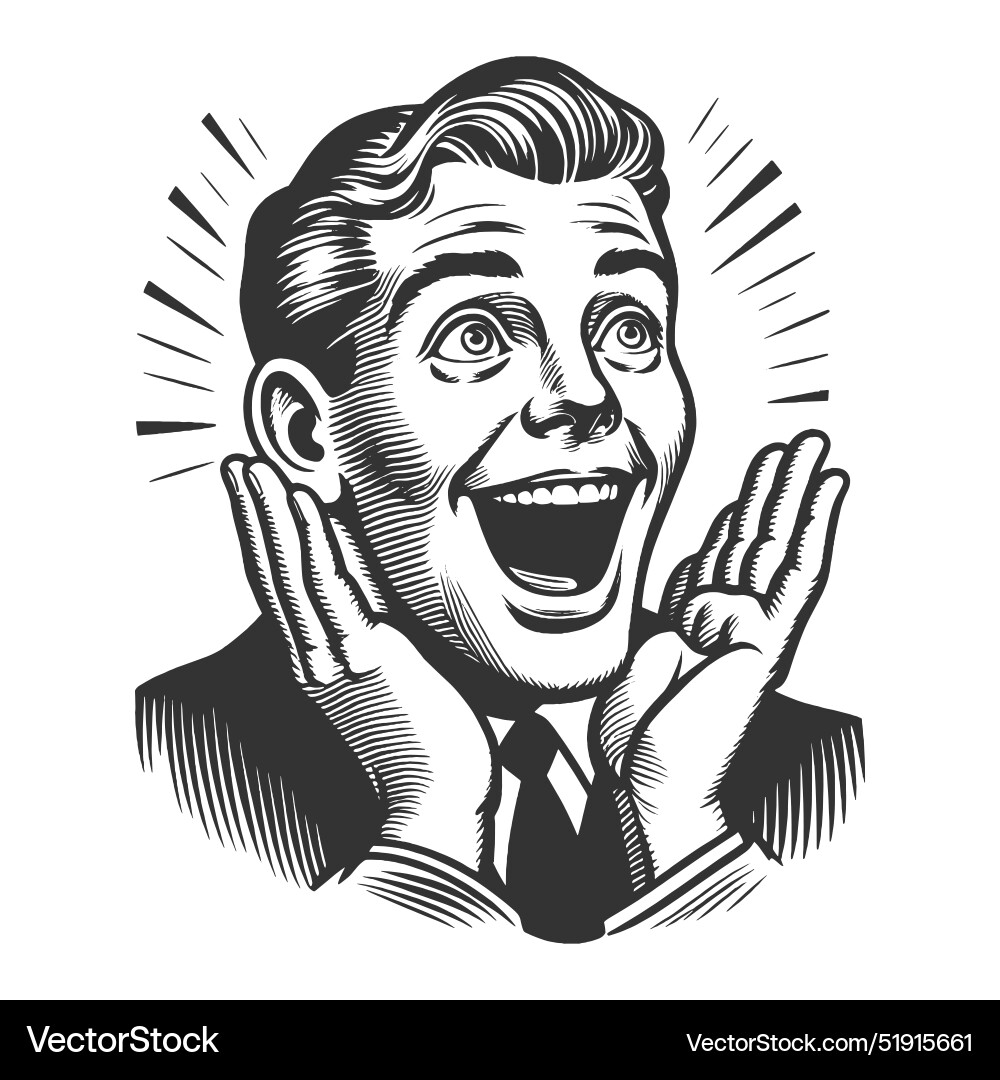 Excited happy surprised man engraving Royalty Free Vector