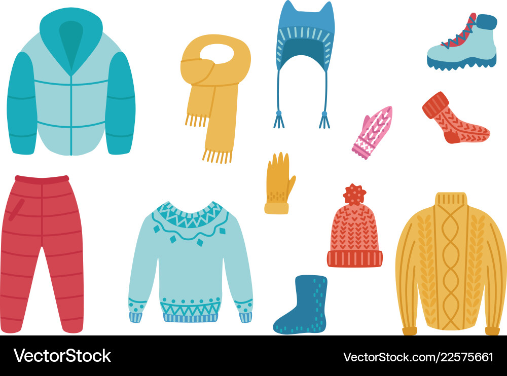 Flat cold weather winter clothing set Royalty Free Vector