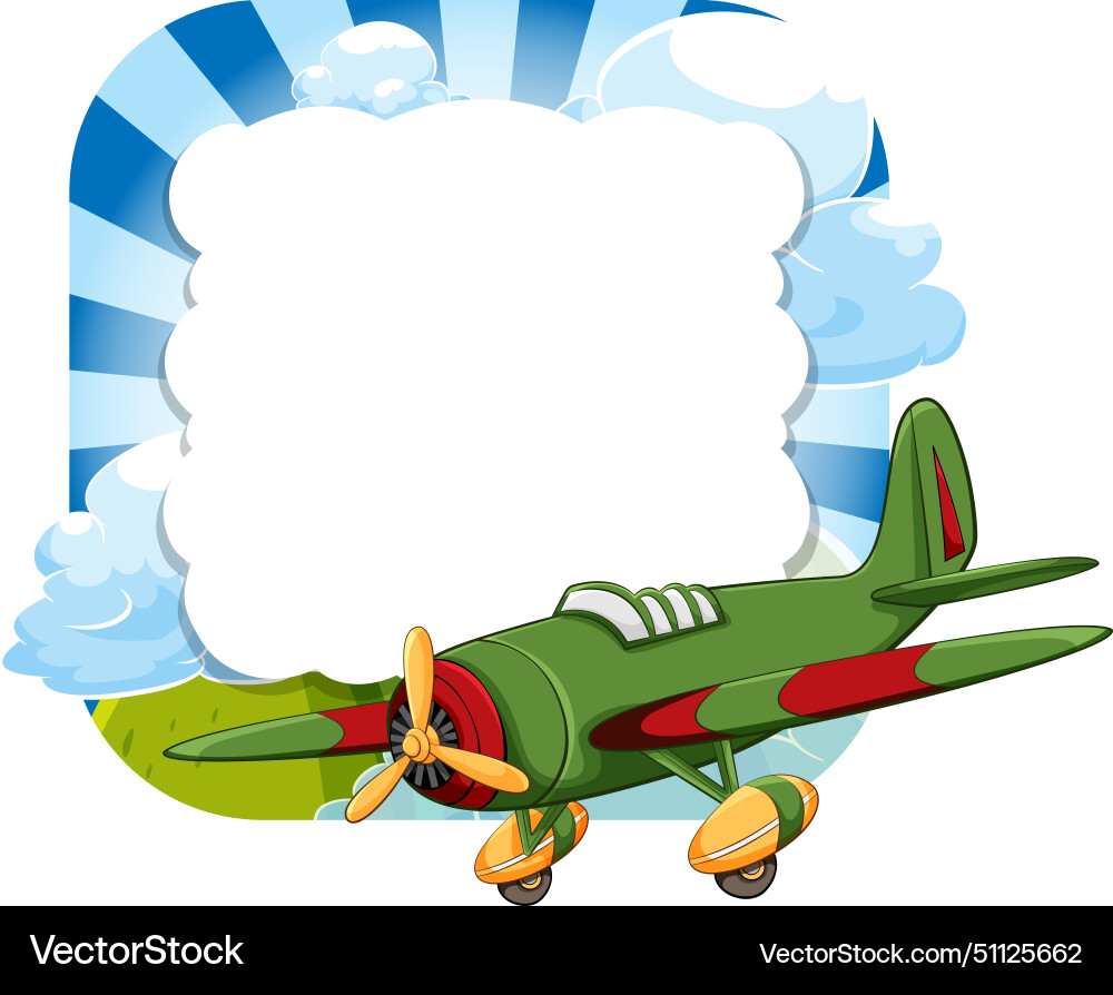 Cartoon green airplane flying with cloud frame Vector Image