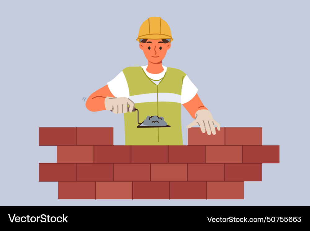 Man bricklayer builder builds brick wall using Vector Image