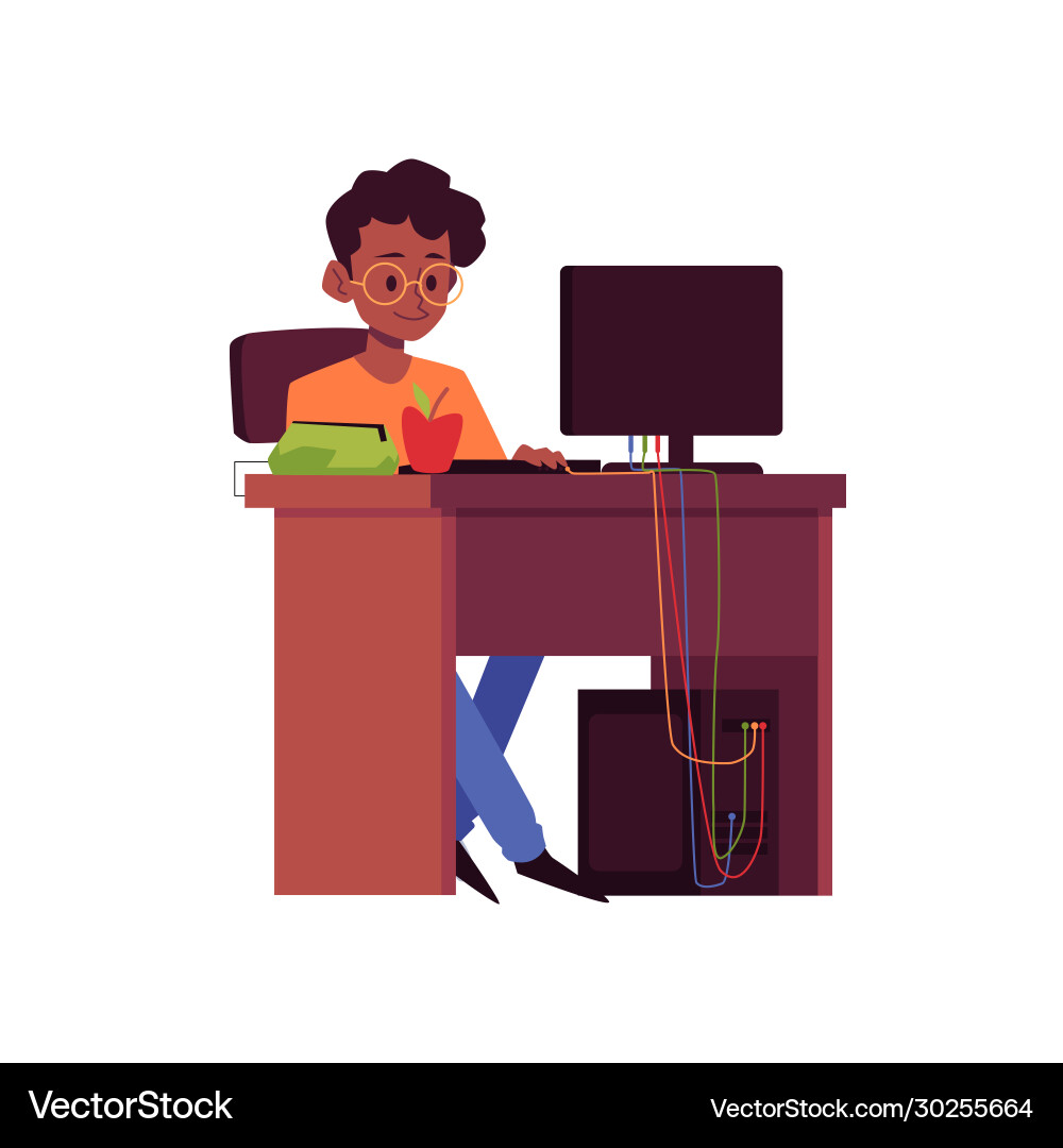 Cartoon boy learning on computer - school student Vector Image