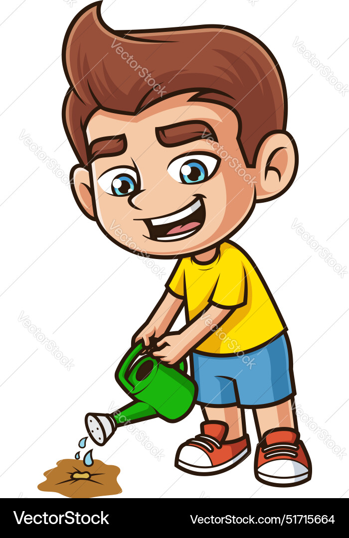 Caucasian watering seed cartoon Royalty Free Vector Image