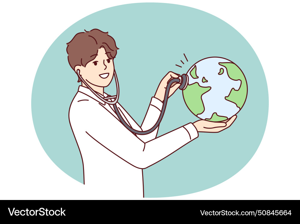 Man doctor applies stethoscope to globe Royalty Free Vector