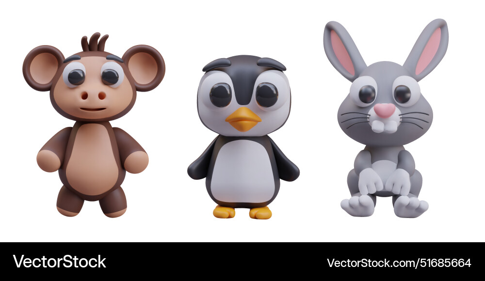 Realistic cute monkey penguin and gray rabbit Vector Image