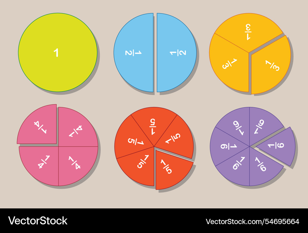 Six circles divided into fractional segments Vector Image